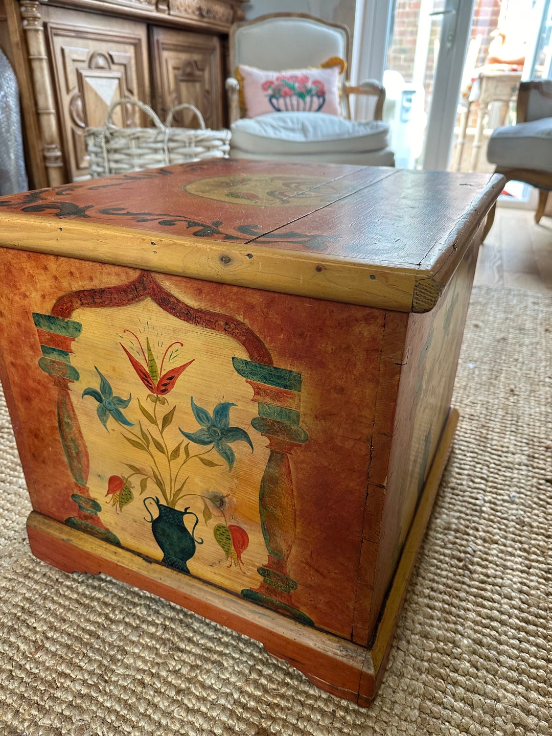 Pretty Antique Painted Trunk / Chest - Etsy UK