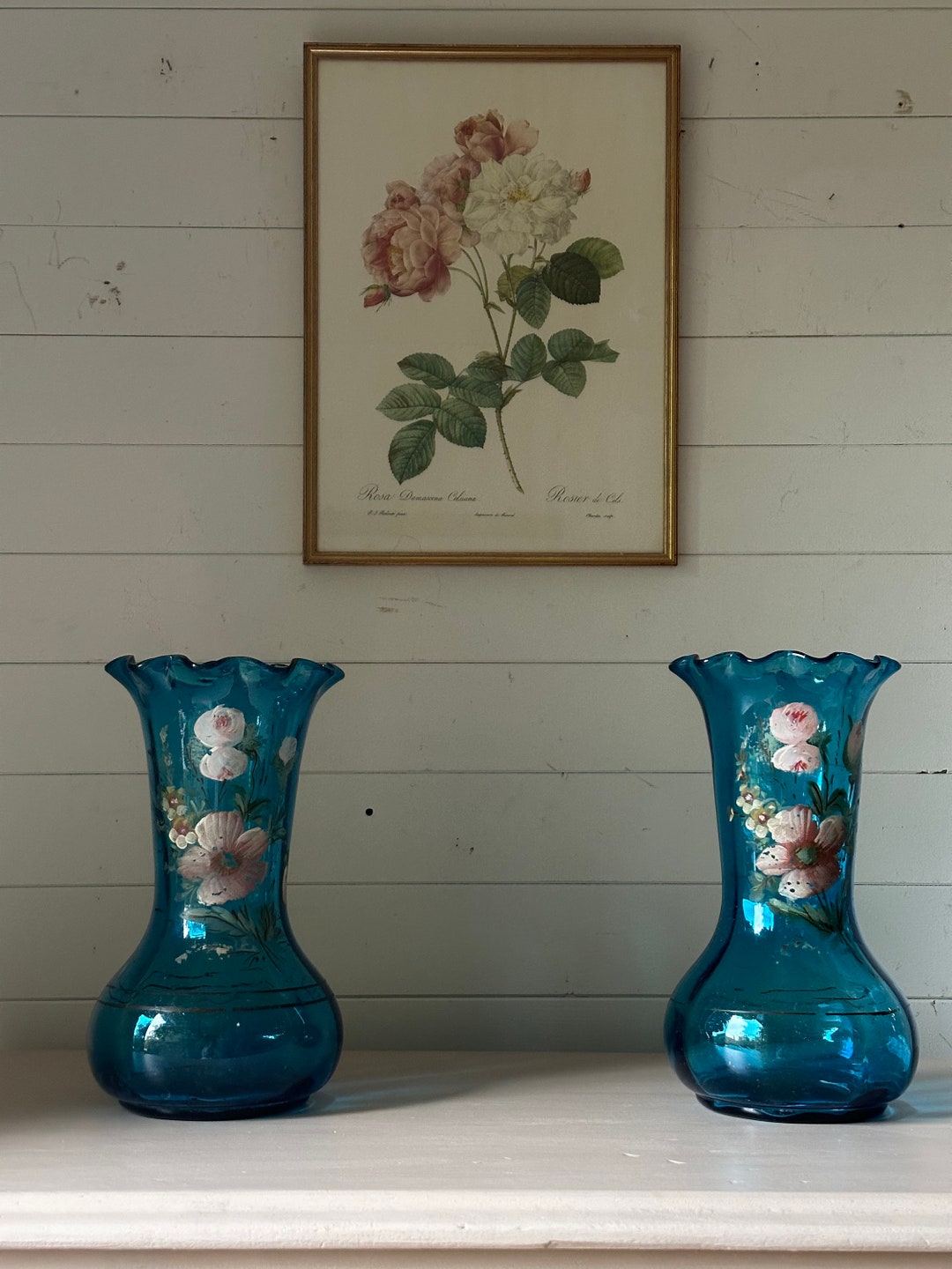 Antique Blue French Glass Frill Neck Vases: Hand Painted Enamel Flowers ...
