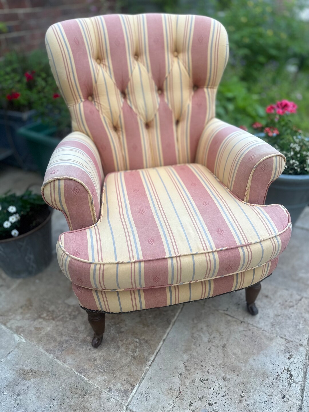 Beautiful Antique Striped Button Back Chair on Clay Castors - Etsy UK