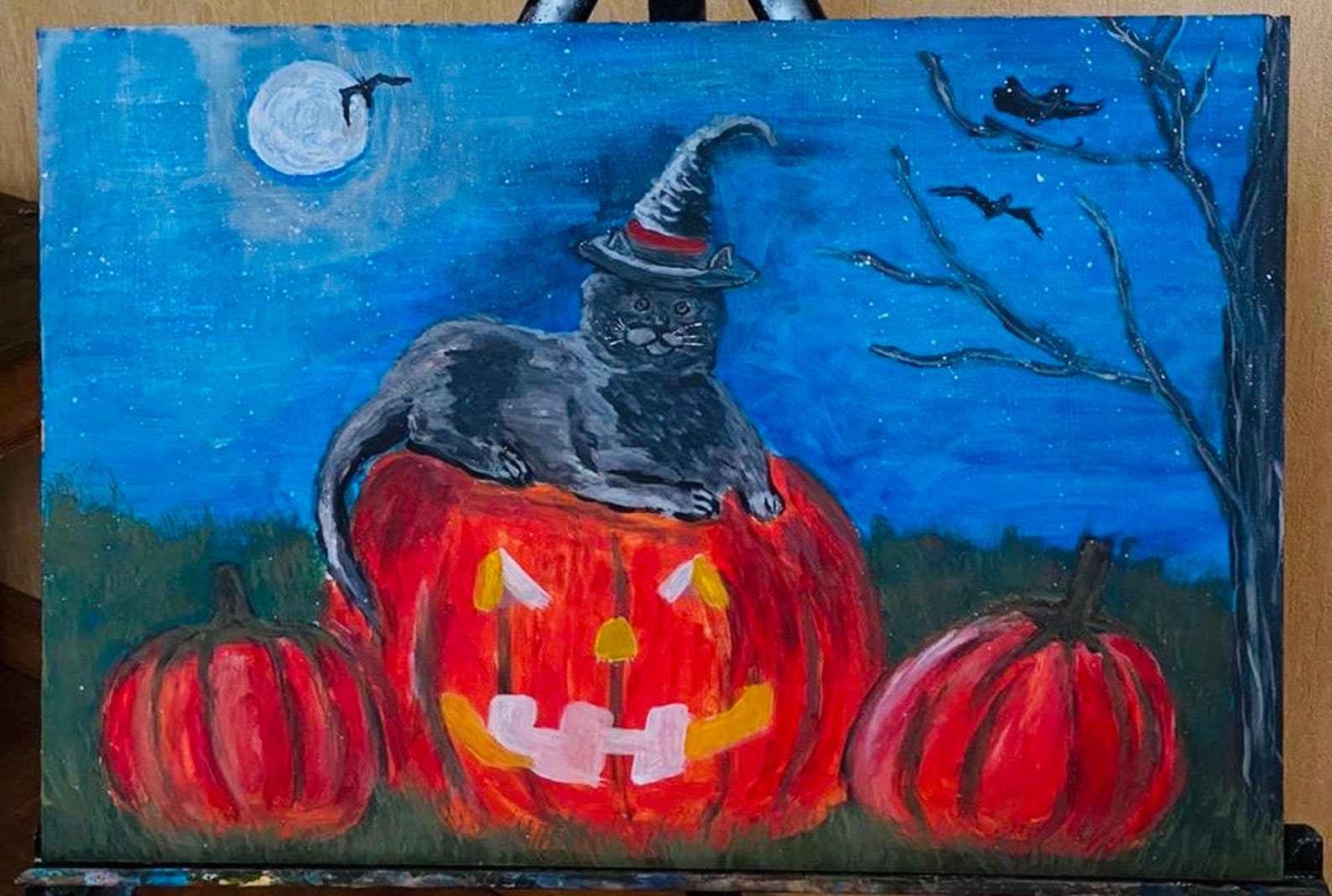 Halloween Cat Painting Original Art Acrylic 17 by 12 Inches | Etsy