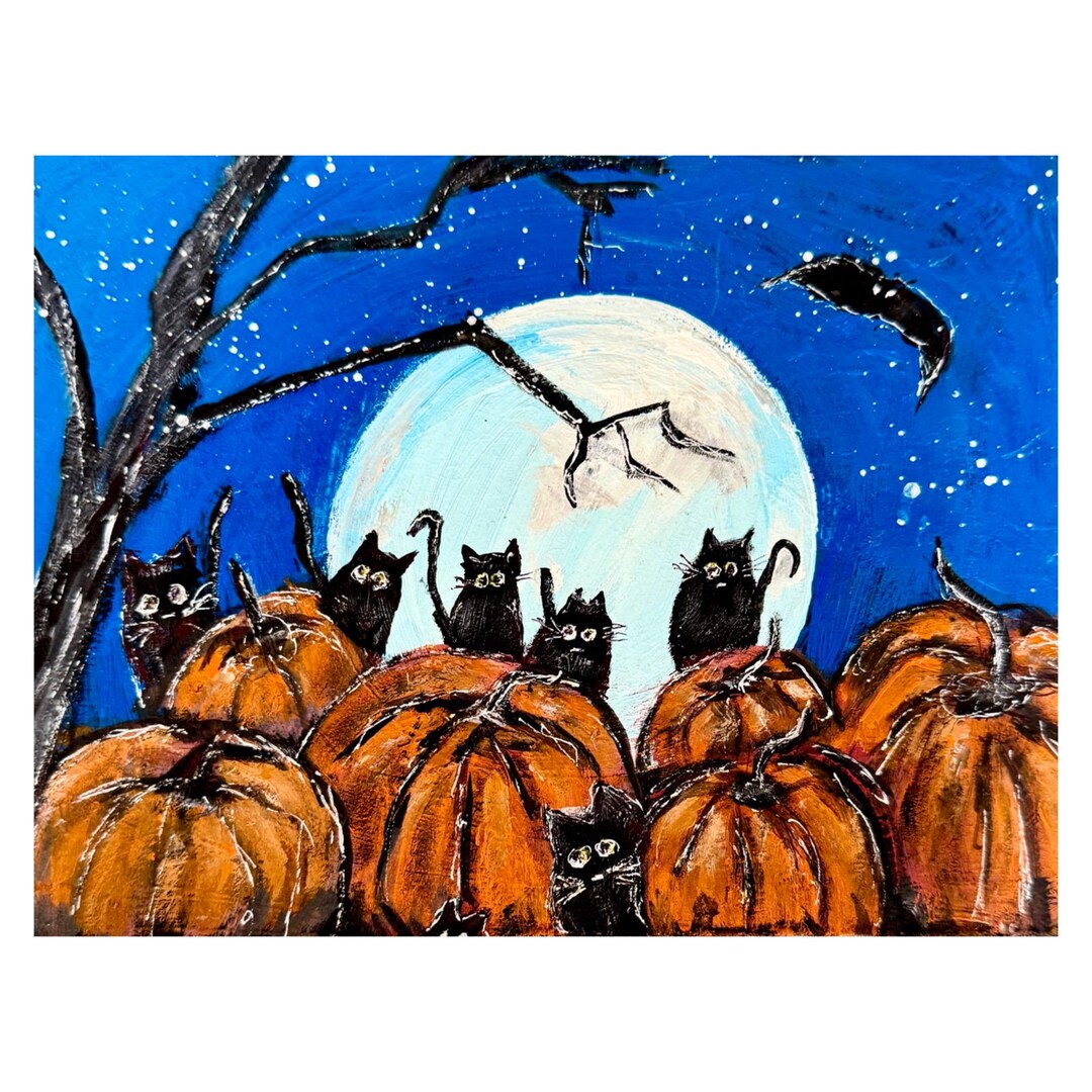 Halloween Painting – Black Cats With Pumpkins – Original Acrylic ...