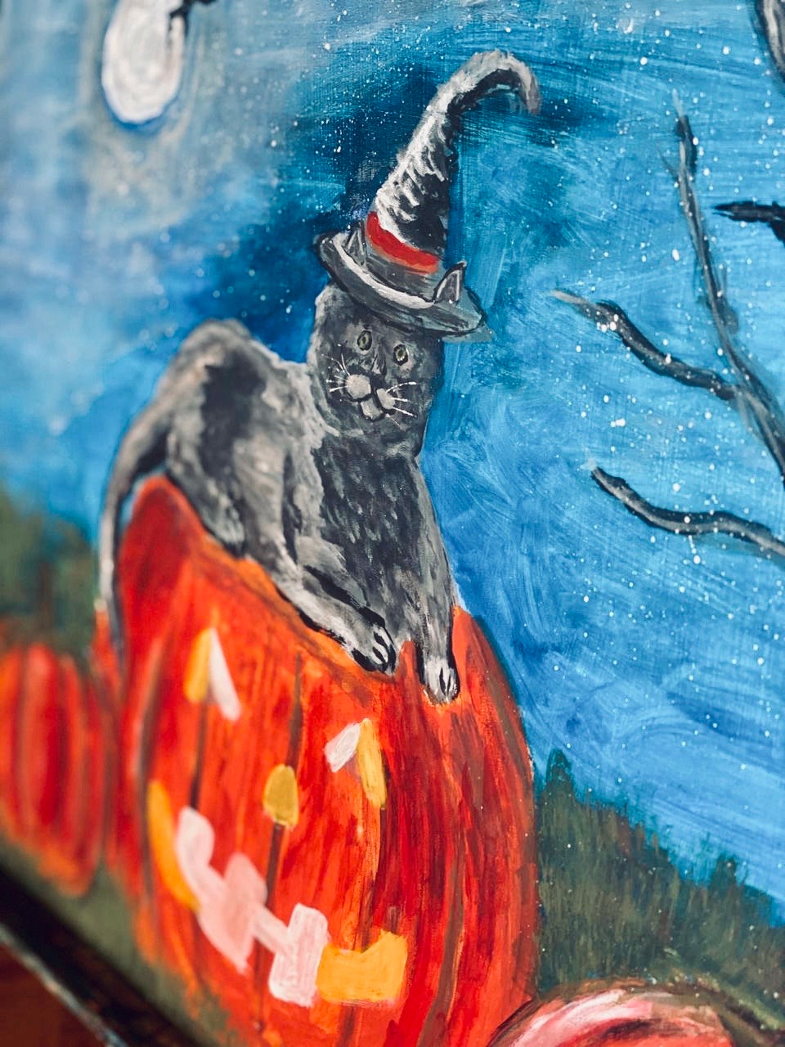 Halloween Cat Painting Original Art Acrylic 17 by 12 Inches | Etsy
