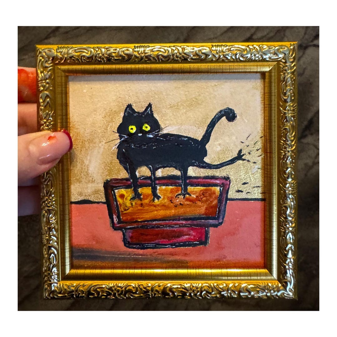 Angry Black Cat in the Litter Box 4*4'': Acrylic Painting on Board ...