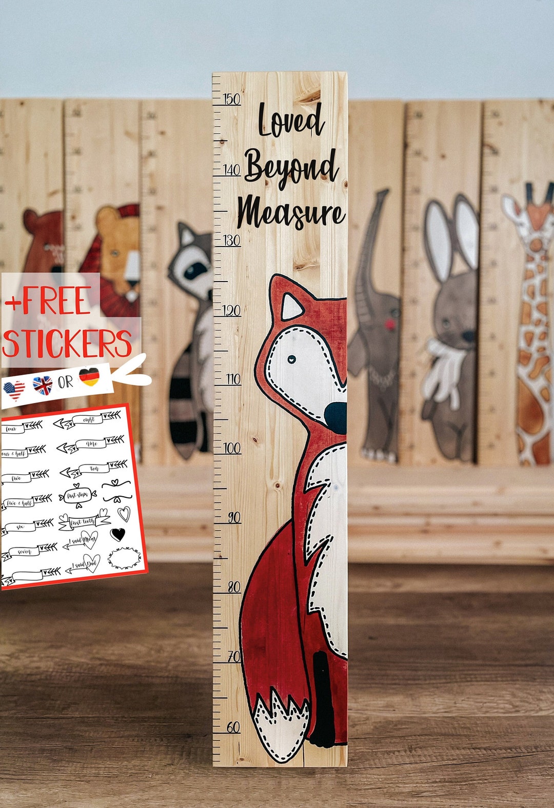 Farmhouse Boho Fox Wooden Measurement Ruler, Growth Height Measuring ...