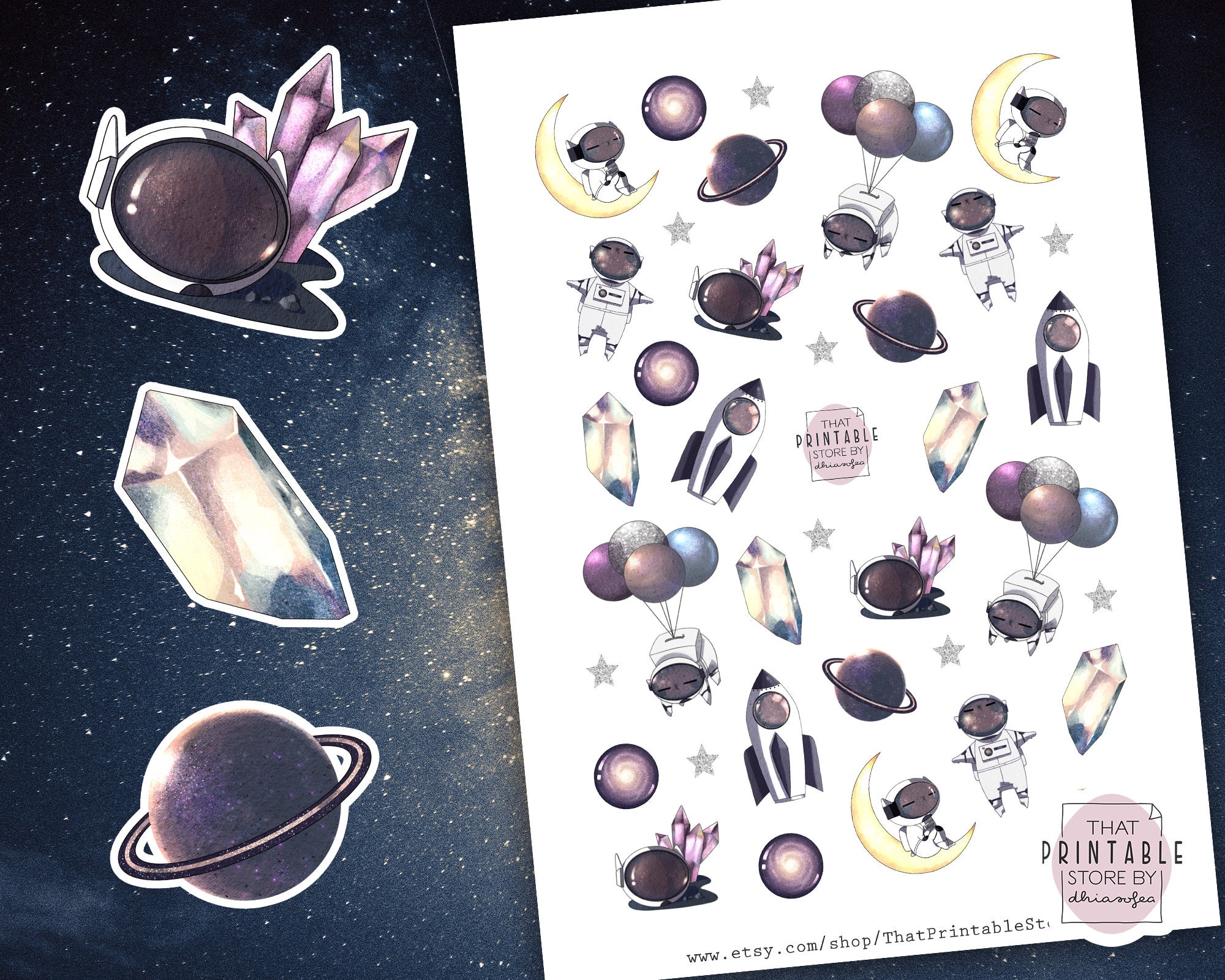 Printable Space Stickers Space Kitty Cool Space and Crystal PNG Bullet ...