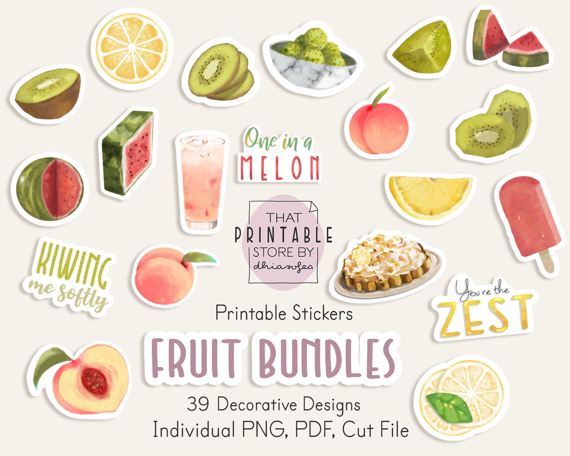 Cute Fruit Sticker Printable Bundle Summer Clip Art Collection, PNG and ...