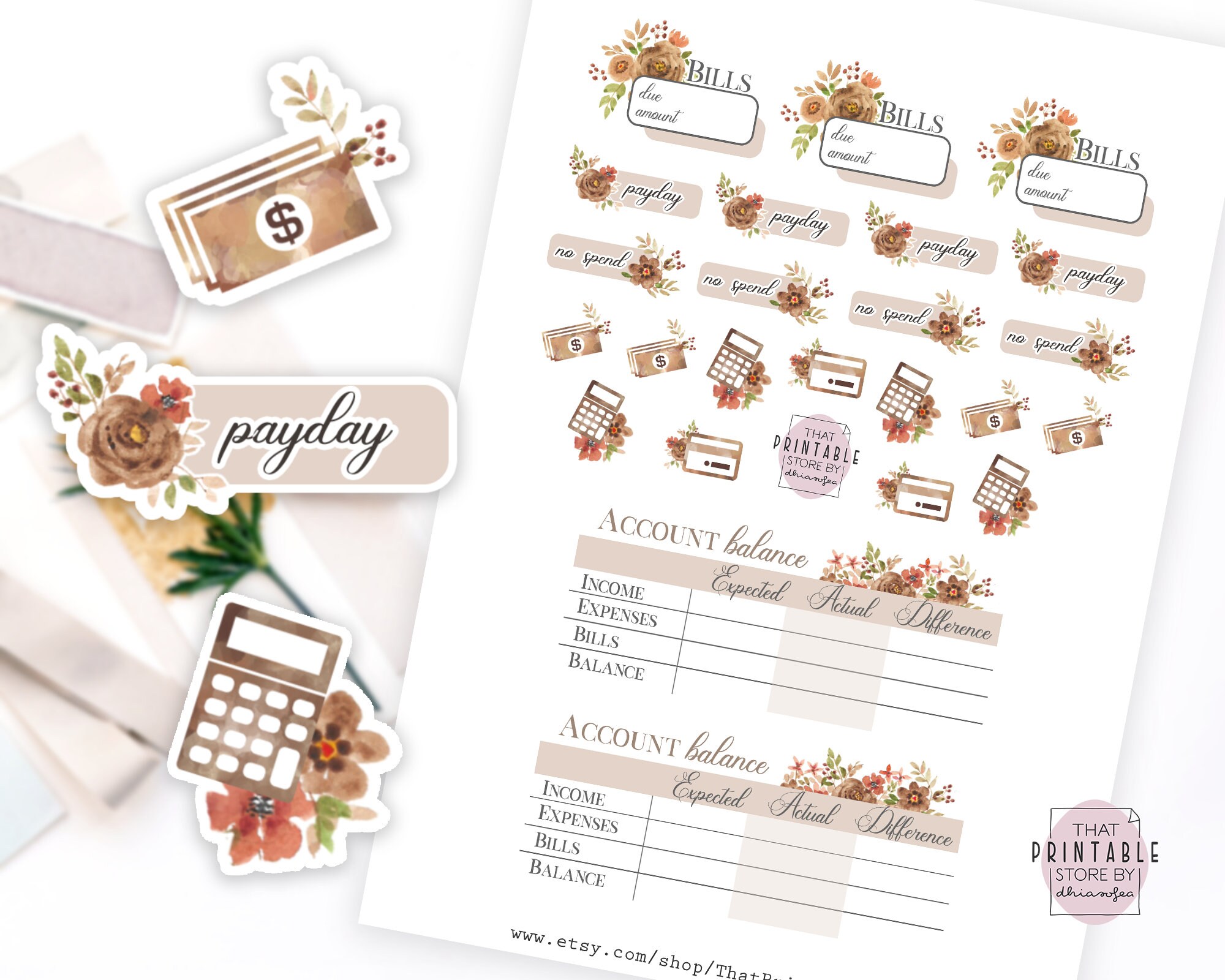 Printable Budget Stickers Kit Floral Scripts, Bills, and Savings ...
