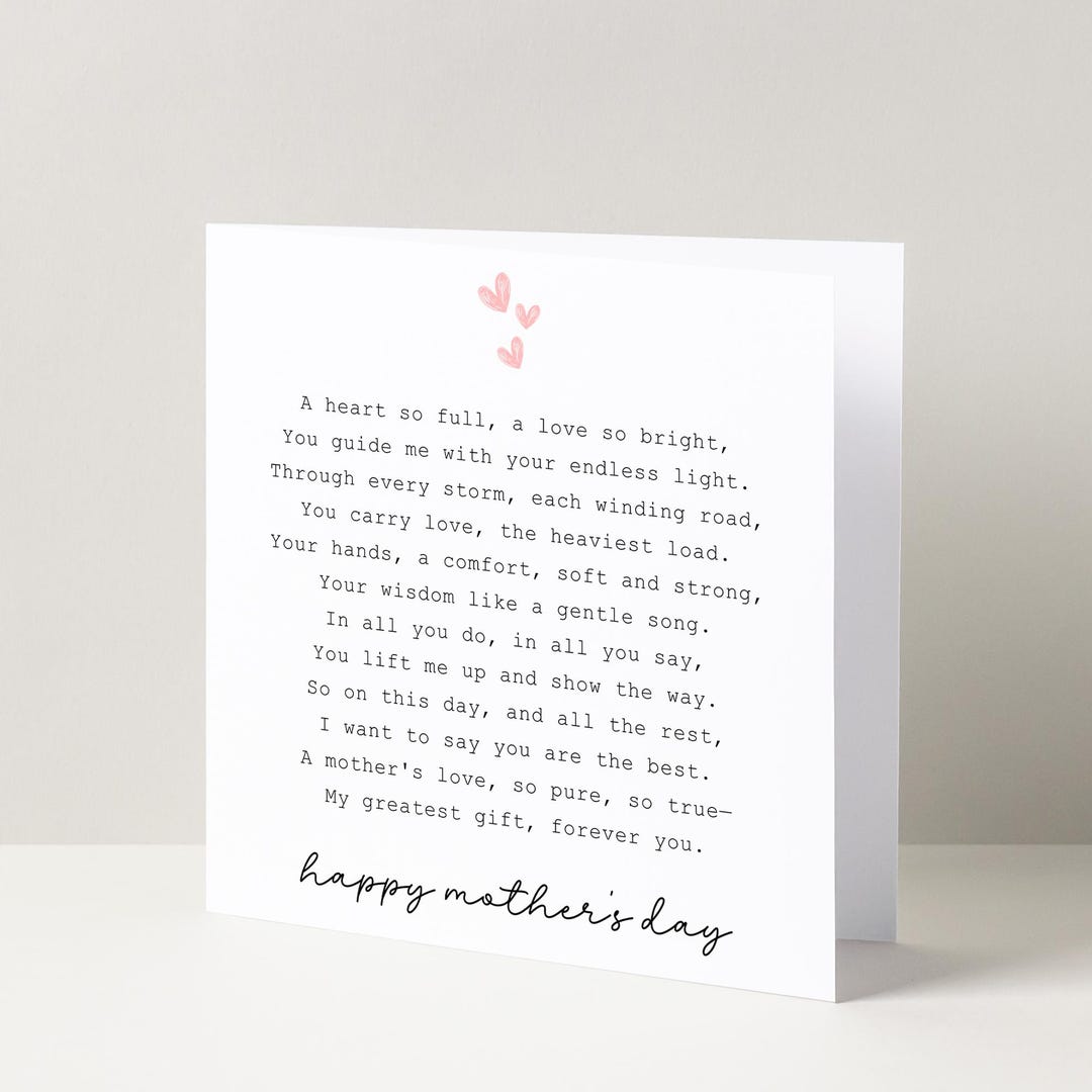 Elegant Mothers Day Poem Card With Watercolour Heart Design Heartfelt ...