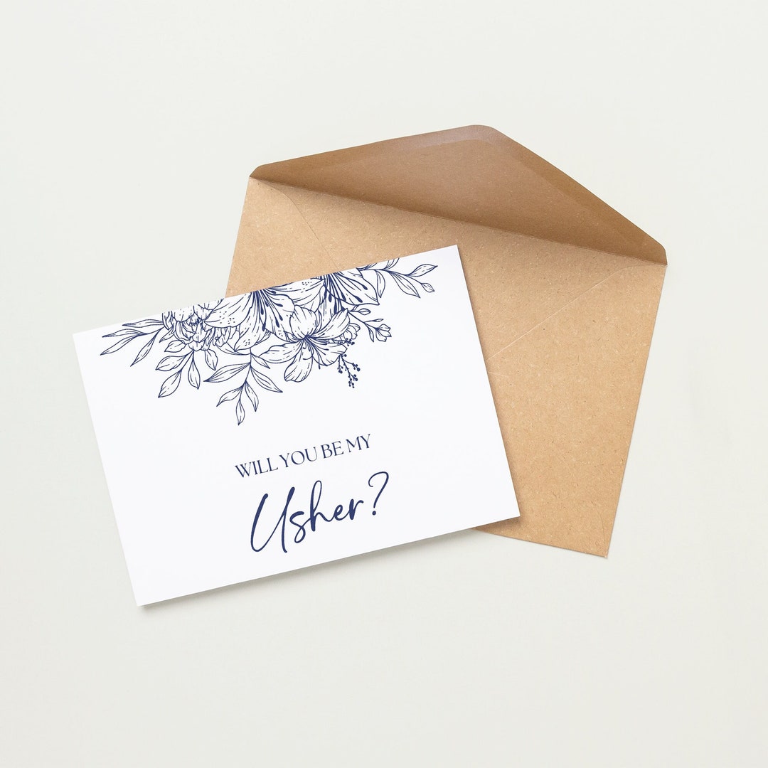 Personalized Navy Floral Usher Proposal Card Envelope - Custom Wedding ...