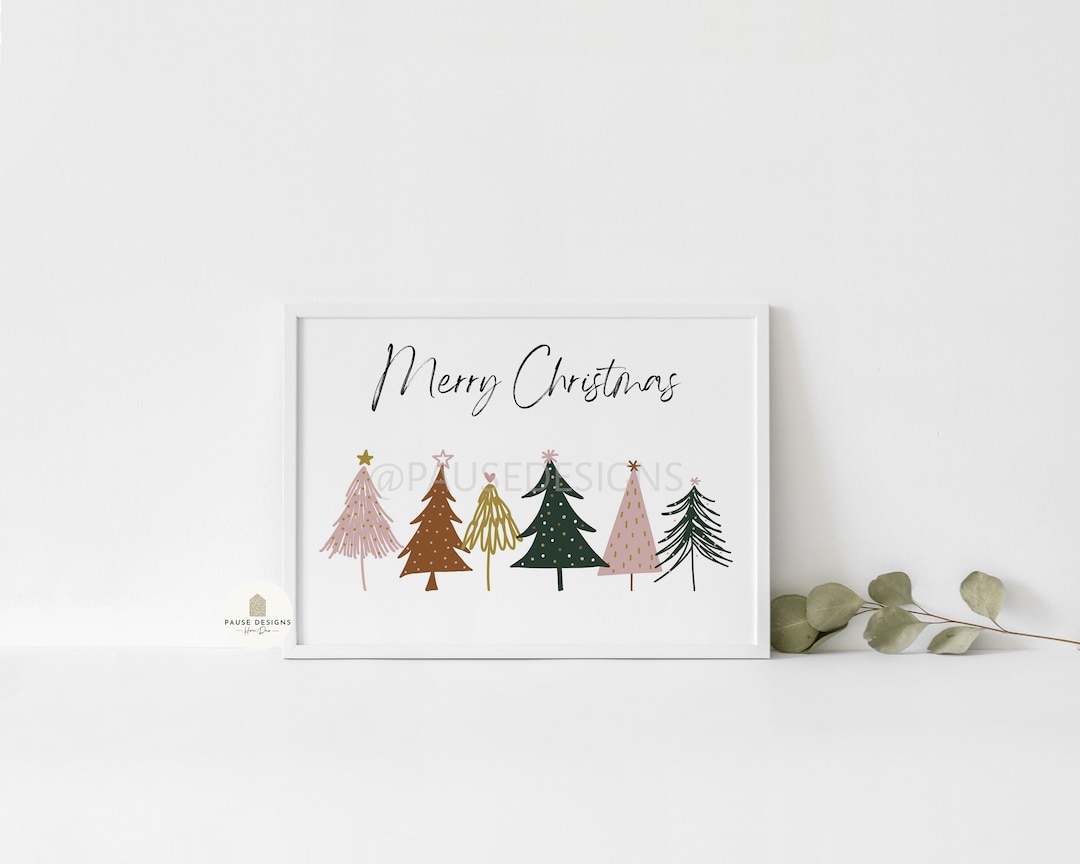 Merry Christmas Typography Colourful Christmas Trees Wall Art Print ...