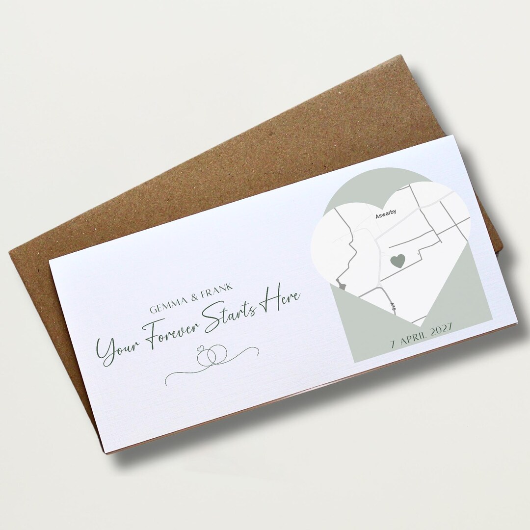 Wedding Money Wallet Card Personalised With Custom Heart Map Unique ...