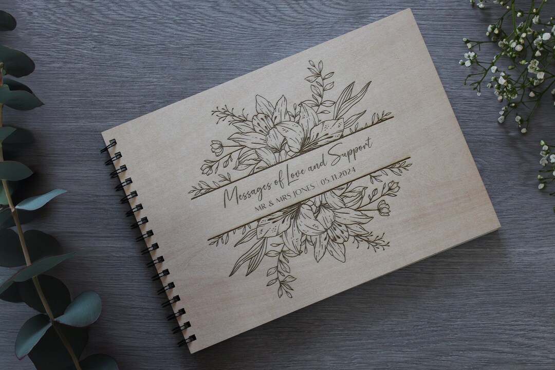 Personalized Wooden Guest Book With Engraved Floral Border Rustic ...