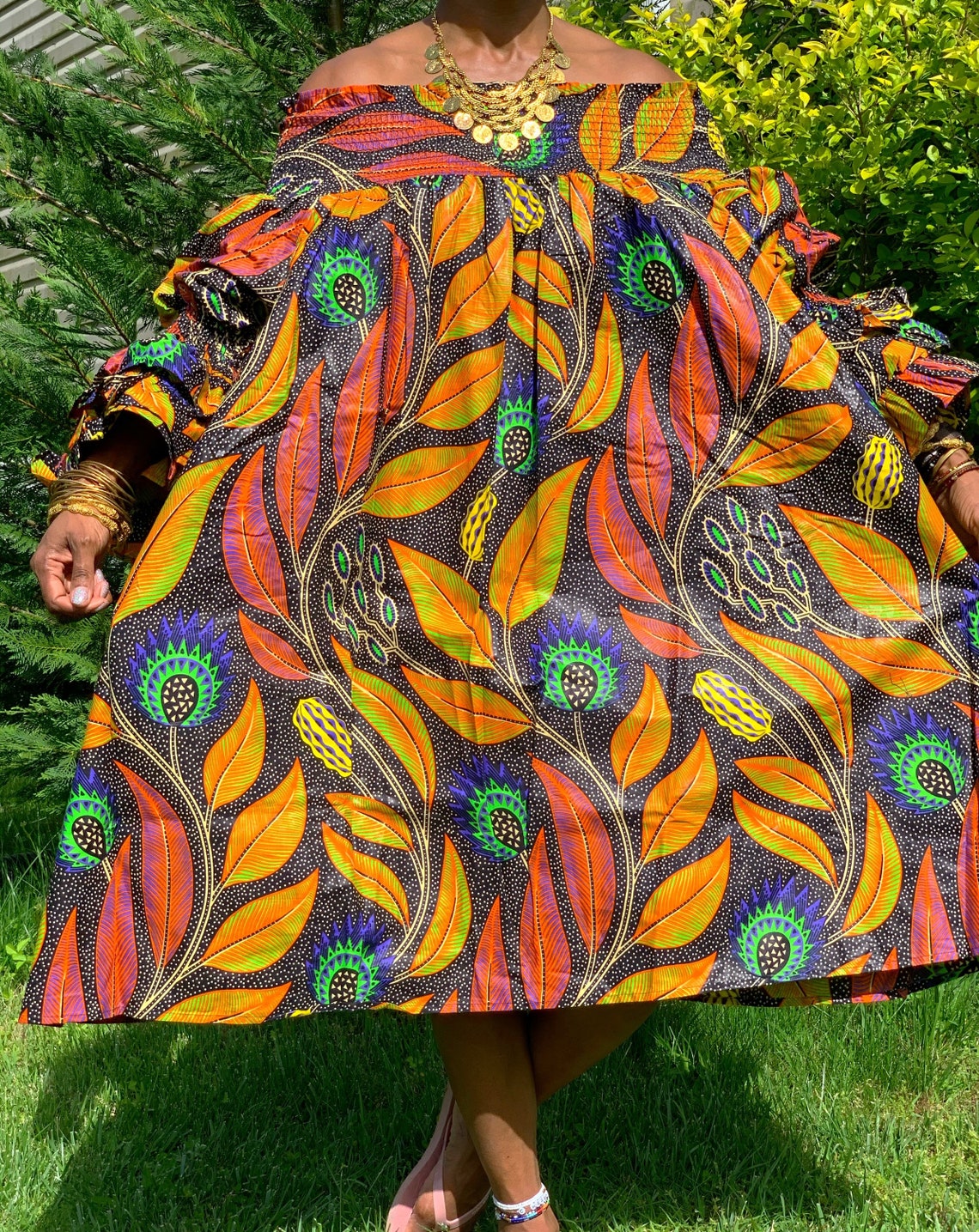 Gold Leaf Off-Shoulder Dutch Wax Dress | Etsy