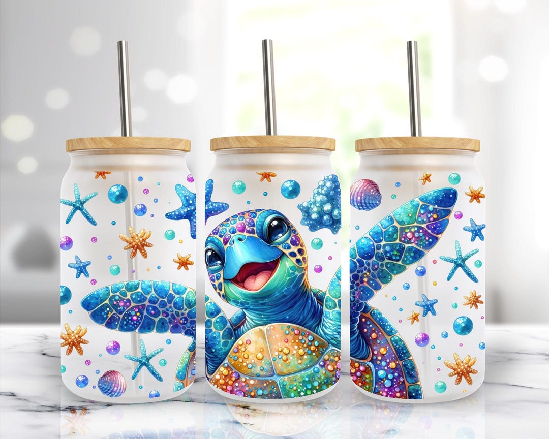 Sea Turtle 16oz Libbey Frosted Glass Can Wrap Cup, Summer Beach Animal ...