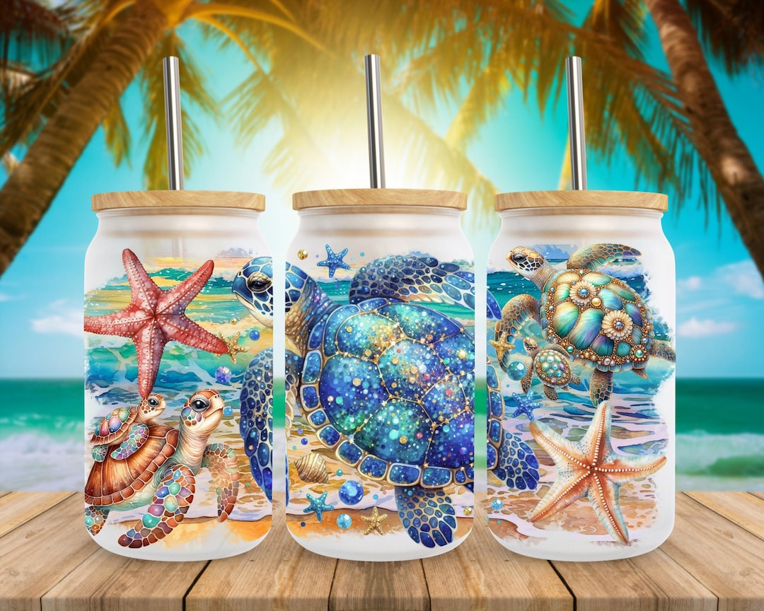 Sea Turtles 16oz Libbey Frosted Glass Can Wrap Cup, Summer Beach Animal ...