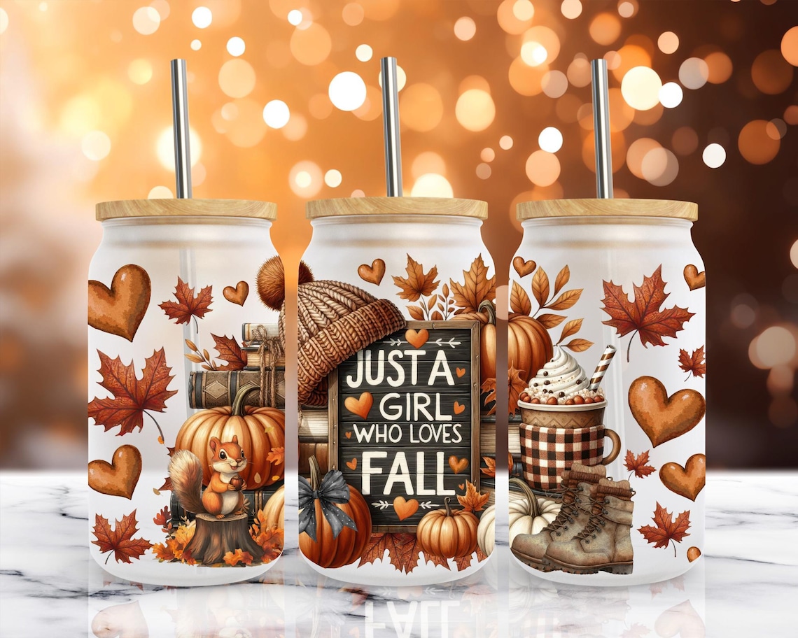 Just a Girl Who Loves Fall 16 Oz Libbey Glass Can Wrap, Fall Vibes Wrap ...