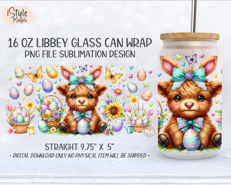 Easter Coquette Highland Cow Bunny Ears Floral 16 Oz Libbey Glass Can ...