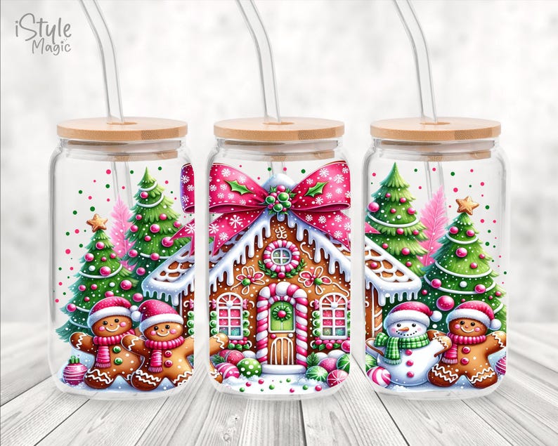 Cute Pink Gingerbread Man and Gingerbread House 16 Oz Libby Glass Can ...