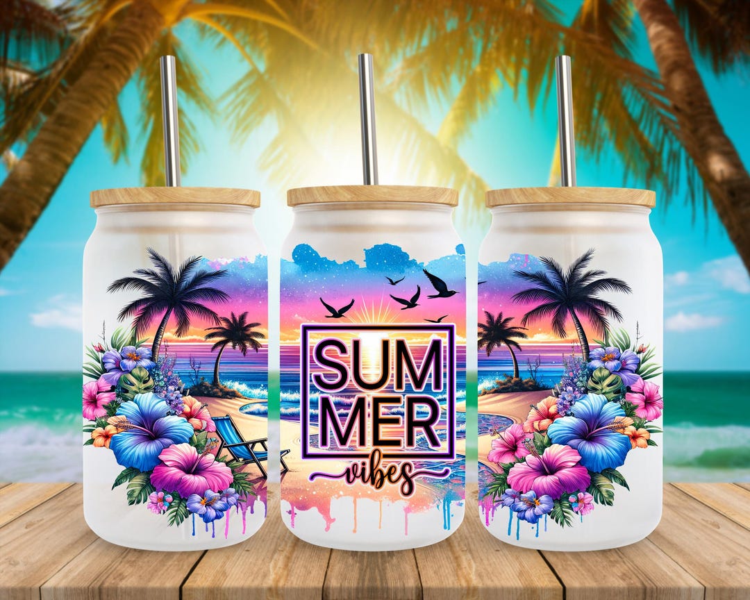 Summer Vibes - 16oz Libbey Glass Can Wrap Sublimation, Beach Palm Trees ...