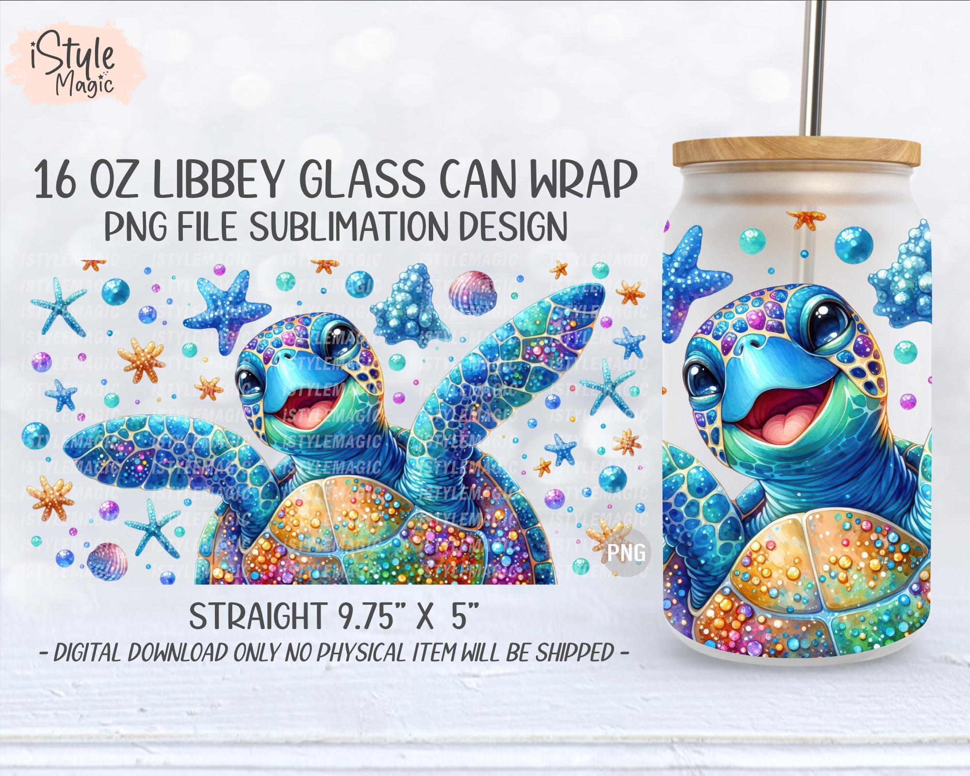 Sea Turtle 16oz Libbey Frosted Glass Can Wrap Cup, Summer Beach Animal ...