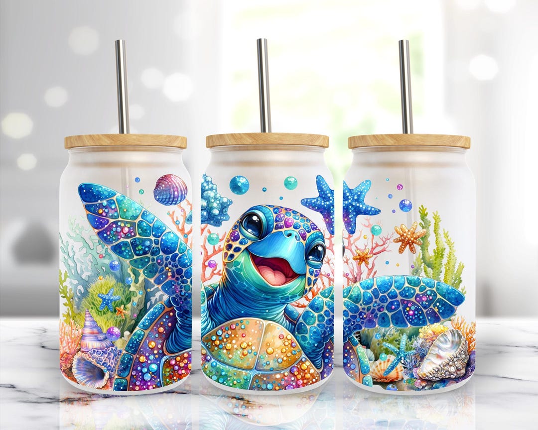 Sea Turtle 16oz Frosted Glass Can Wrap Cup, Summer Beach Animal Glass ...