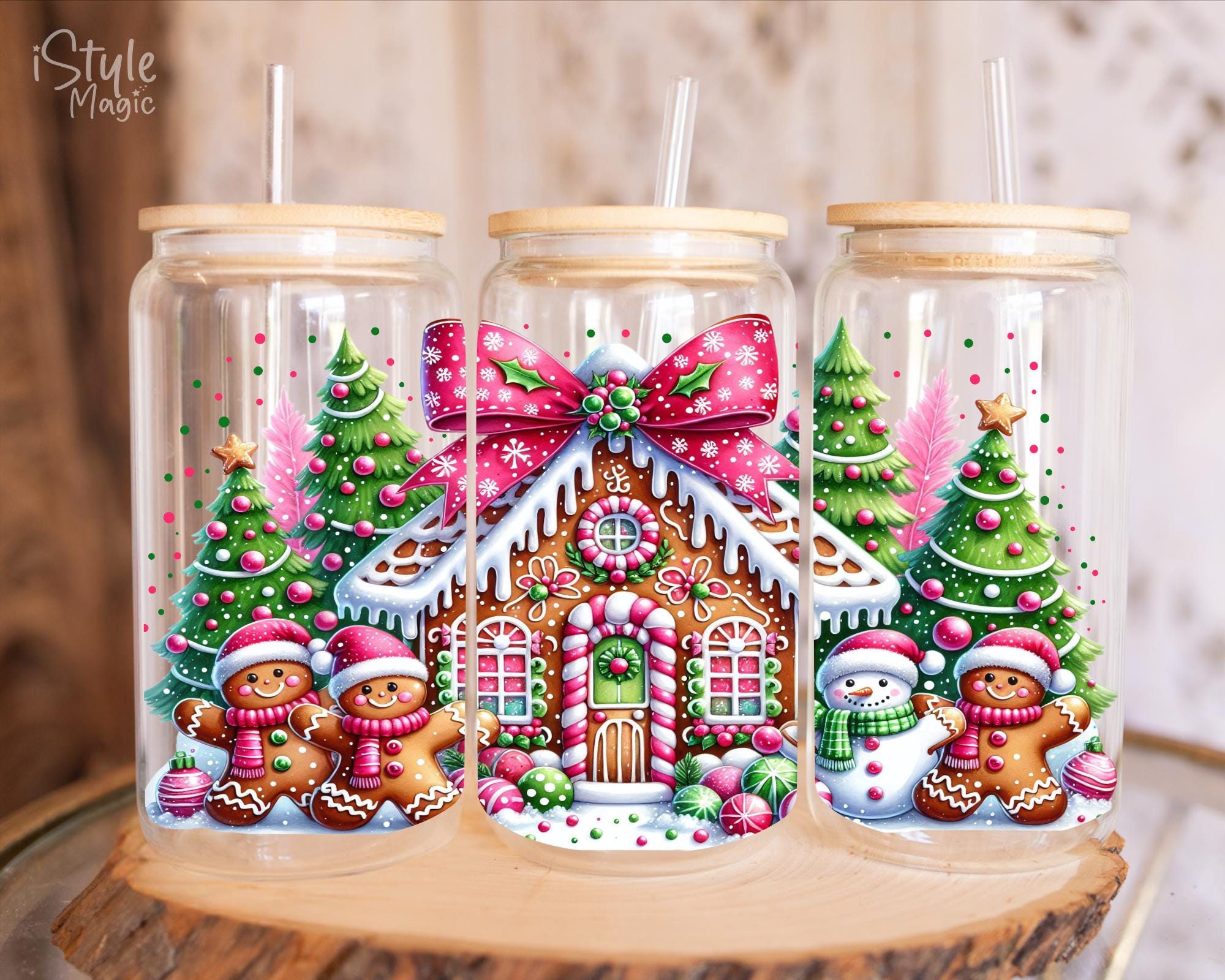 Cute Pink Gingerbread Man and Gingerbread House 16 Oz Libby Glass Can ...