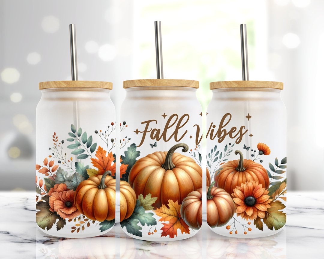 Boho Fall Vibes Pumpkins Floral 16 Oz Libbey Glass Can Wrap, Frosted ...