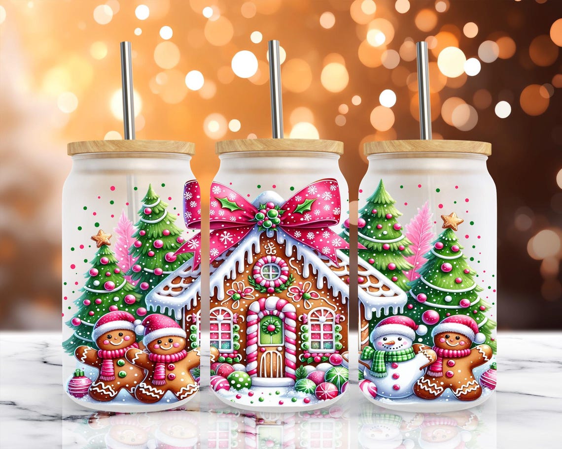 Cute Pink Gingerbread Man and Gingerbread House 16 Oz Libby Glass Can ...