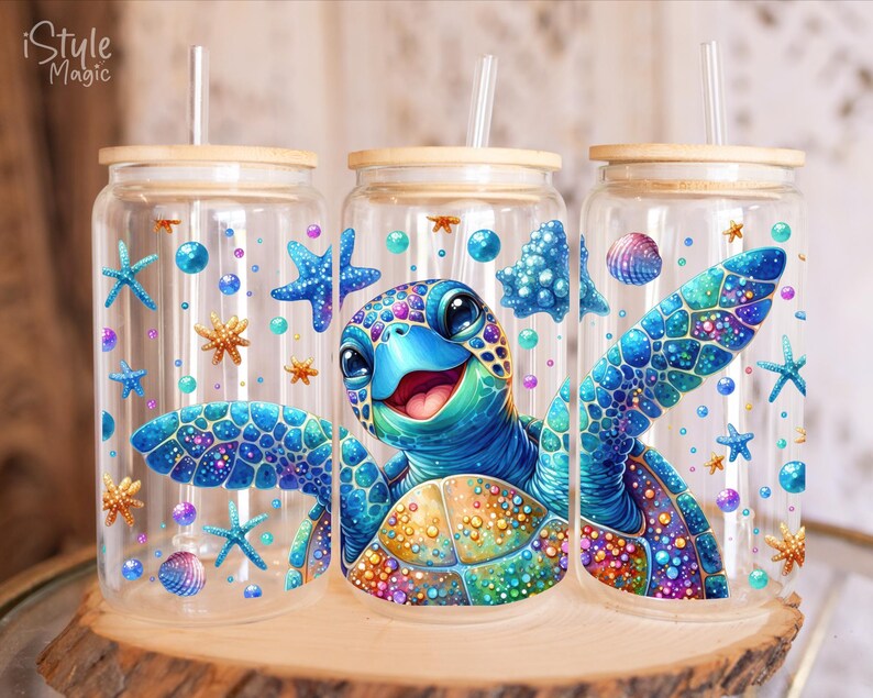 Sea Turtle 16oz Libbey Frosted Glass Can Wrap Cup, Summer Beach Animal ...