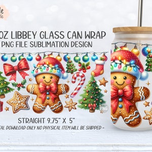 Christmas Gingerbread Cookie 16 Oz Libbey Frosted Glass Can Wrap ...