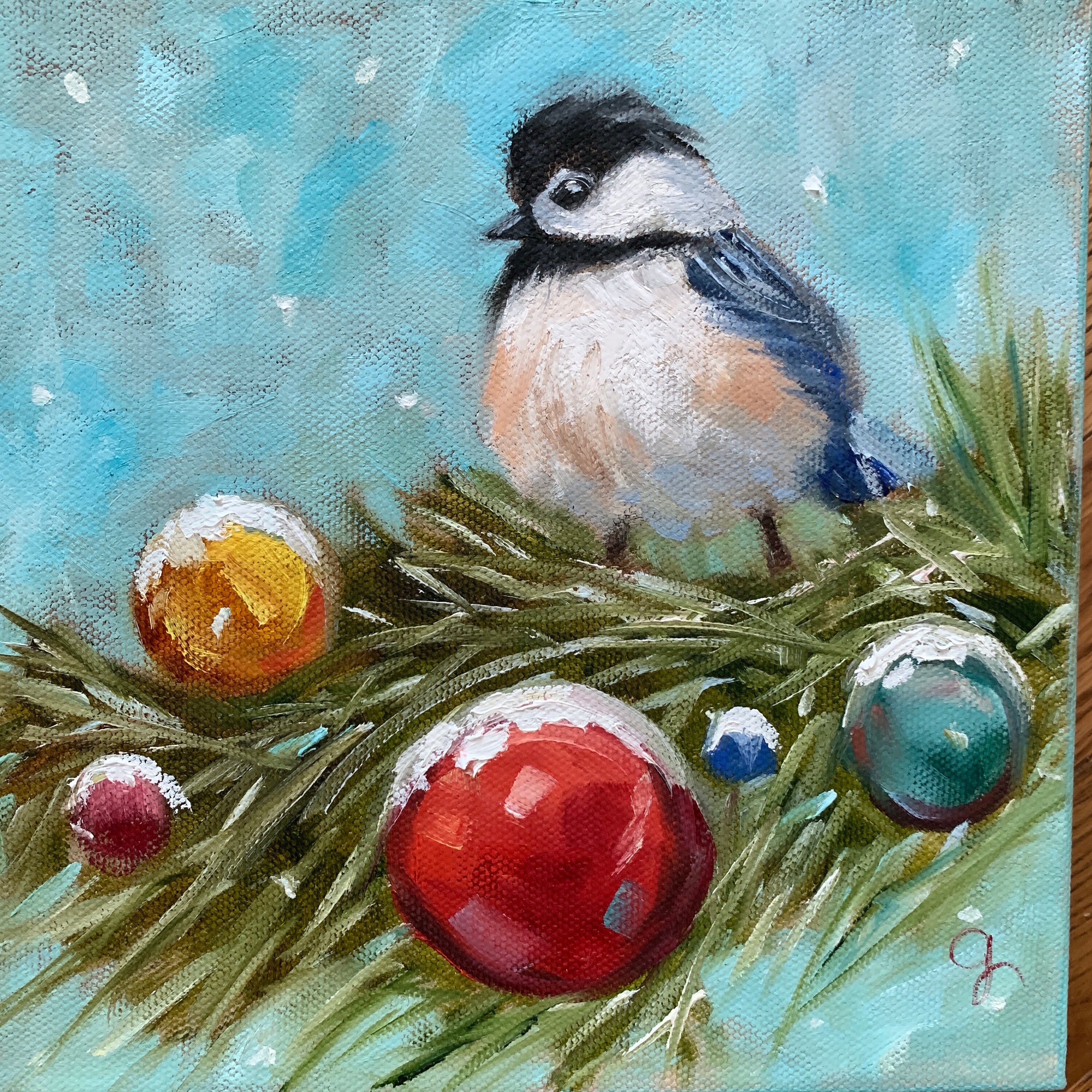 8x8 Christmas Chickadee, Oil Painting, Square Art, Gayle Lambeth ...