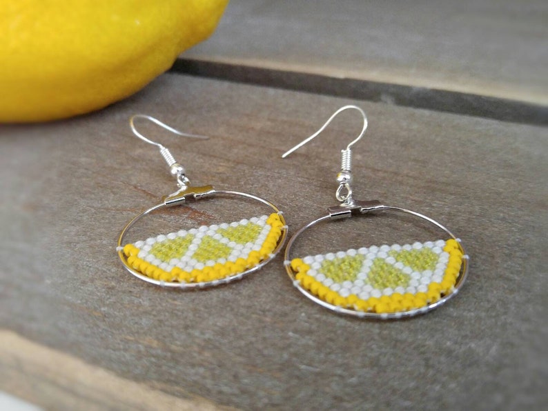 Lemon Earrings Beaded Earrings Silver Hoops Yellow Lemon | Etsy