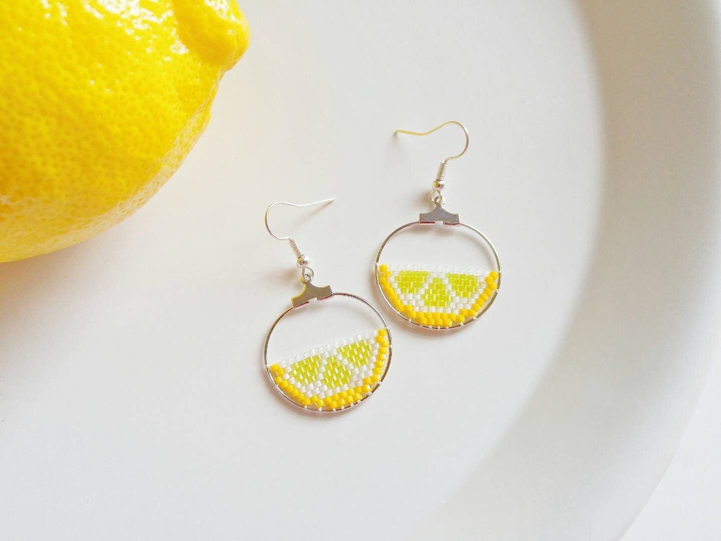 Lemon Earrings Beaded Earrings Silver Hoops Yellow Lemon | Etsy
