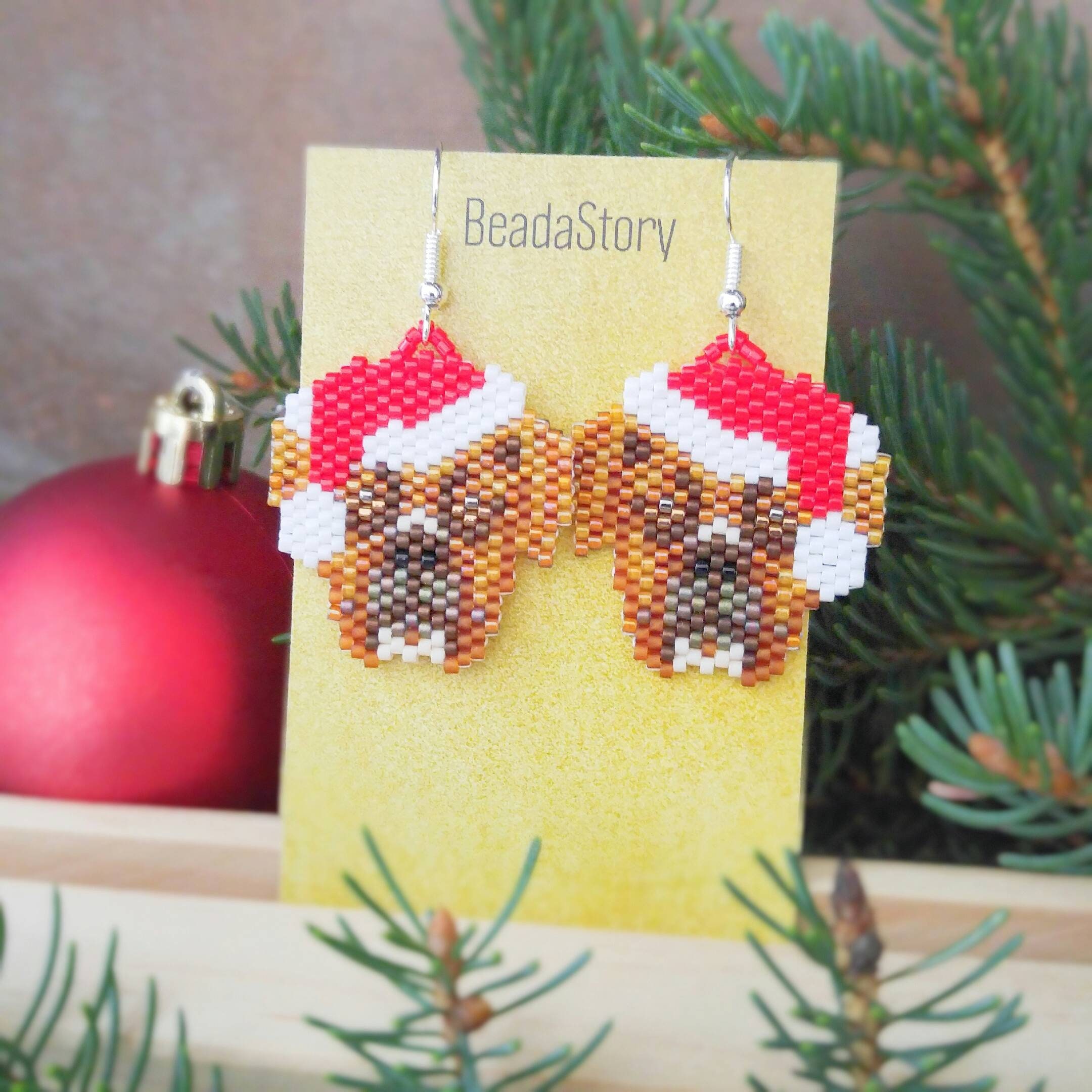 Dog Earrings, Beaded Boxer Dog Earrings, Dog Christmas Earrings, Boxer ...