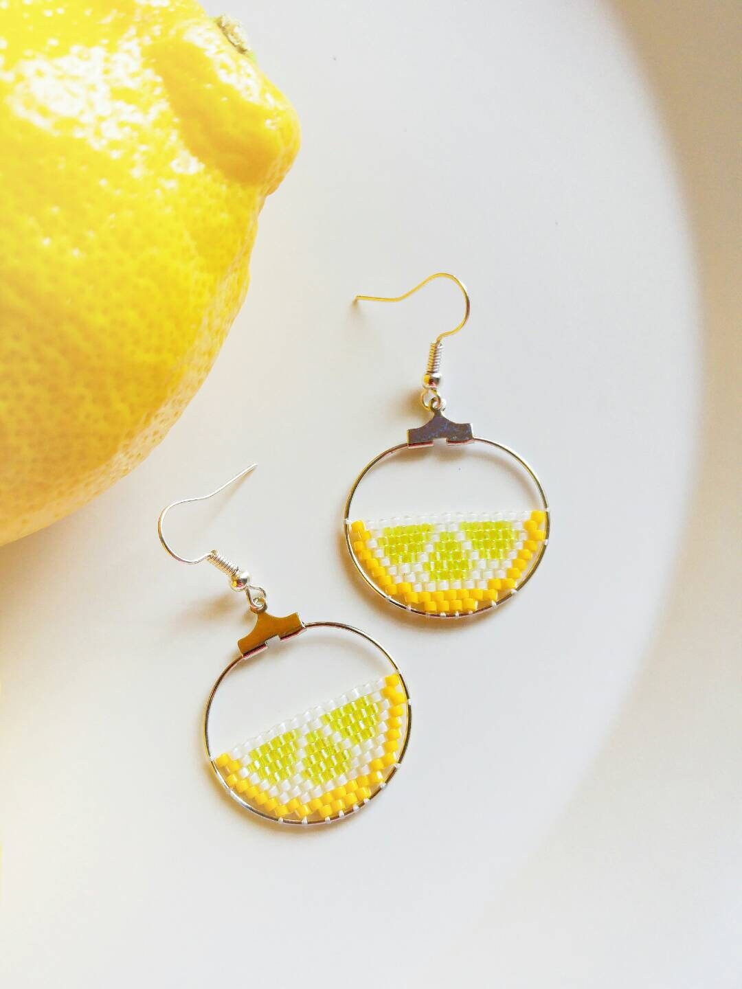 Lemon Earrings Beaded Earrings Silver Hoops Yellow Lemon | Etsy