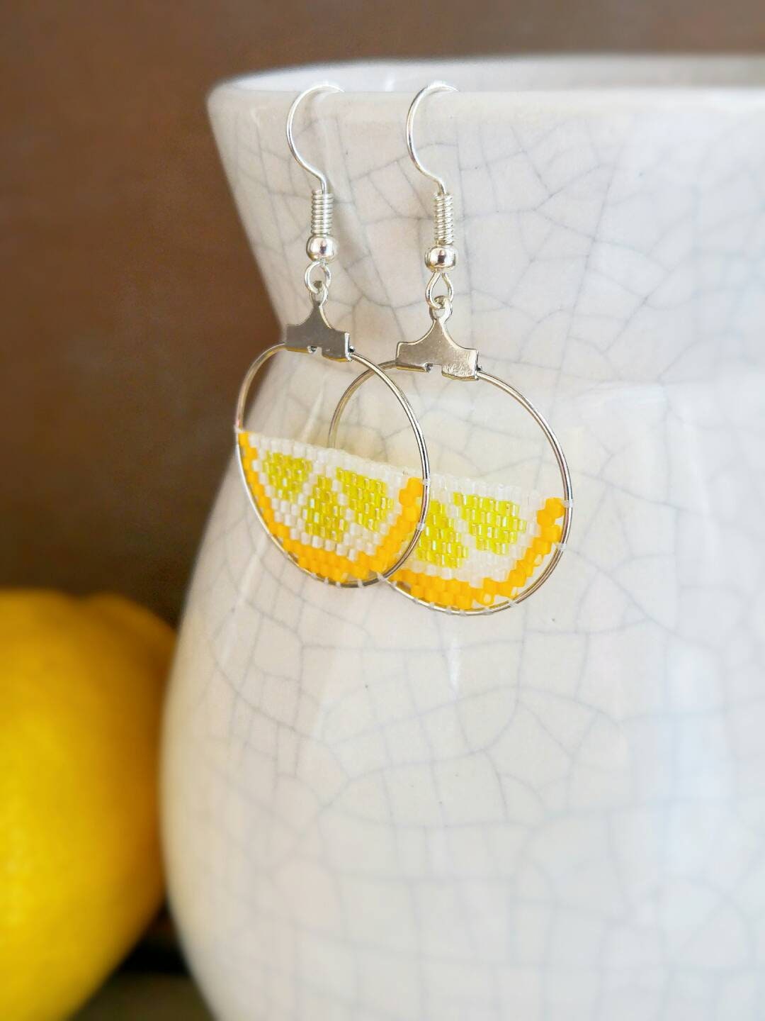 Lemon Earrings Beaded Earrings Silver Hoops Yellow Lemon | Etsy
