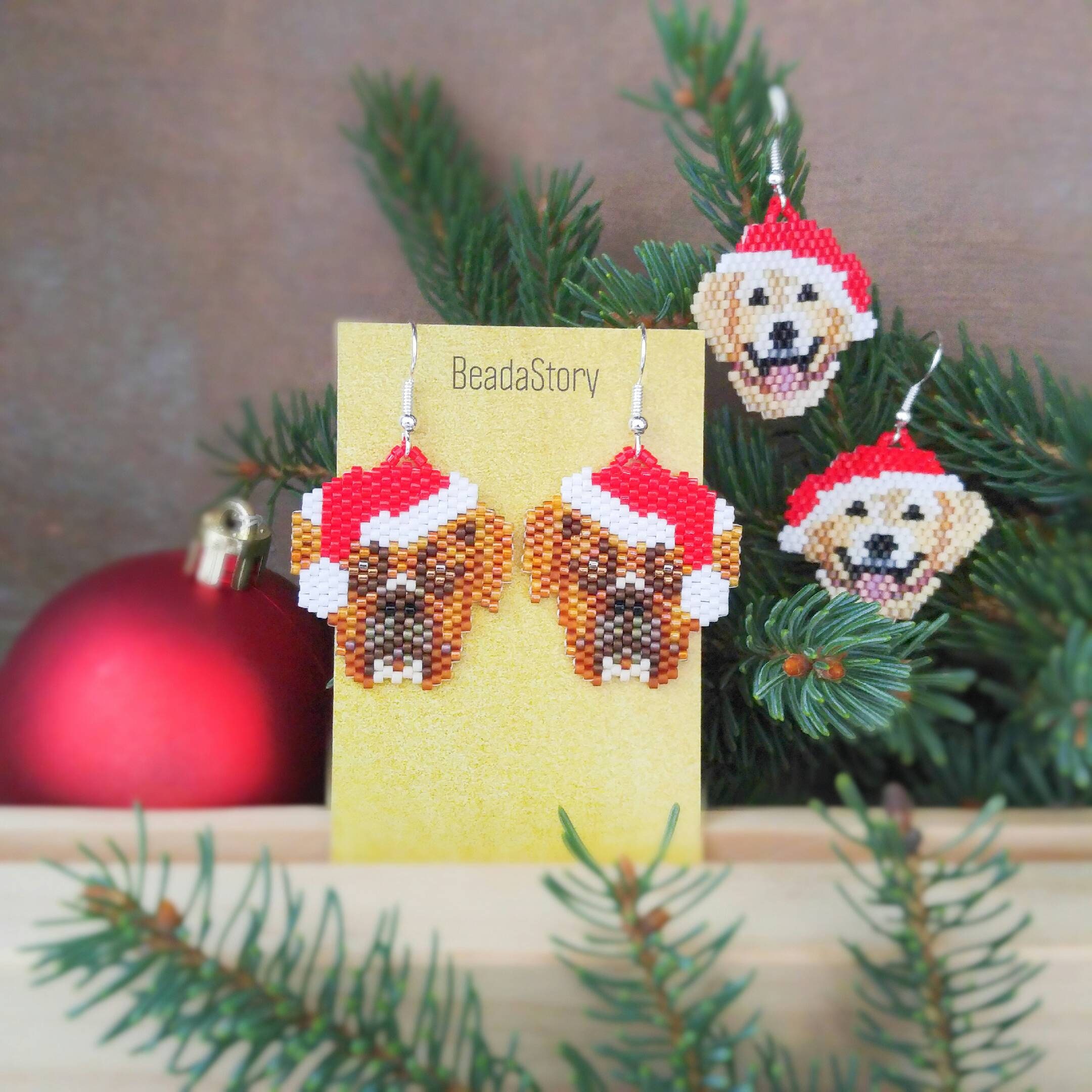 Dog Earrings, Beaded Boxer Dog Earrings, Dog Christmas Earrings, Boxer ...