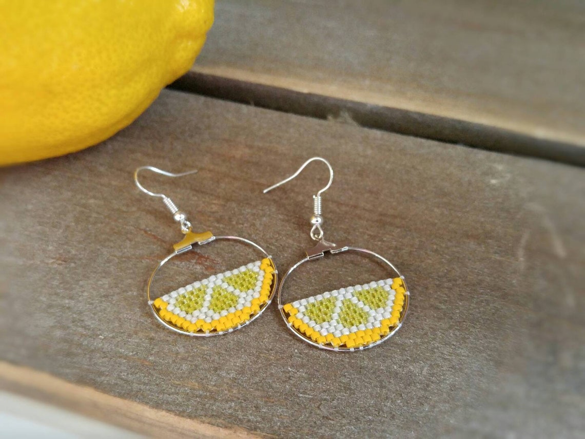 Lemon Earrings Beaded Earrings Silver Hoops Yellow Lemon | Etsy