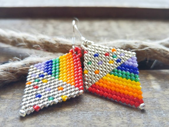 Beaded Rainbow Earrings with Sterling Silver Hooks Rainbow Pride jewelry Diamond Shaped Geometric Stripe Rainbow Colour Earrings