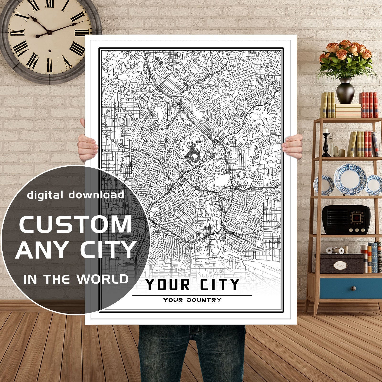 Digital download CUSTOM city map black and white prints wall | Etsy