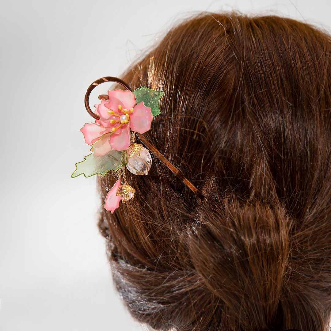 Copper Dangle Hair Stick Translucent Sakura Flowers Dangle Resin ...