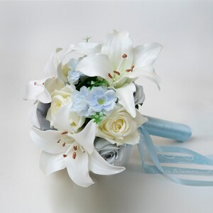 Wedding Bouquet of Tiger Lily, Roses. Dusty Blue and White Bridal ...