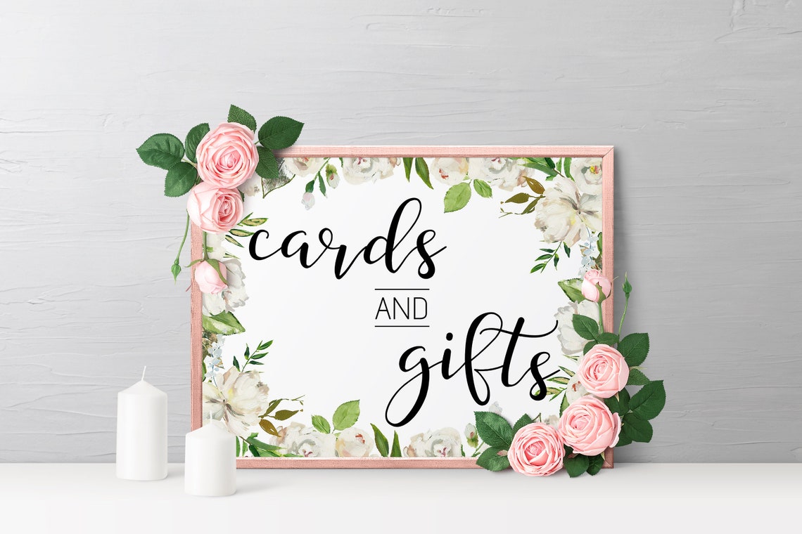 White Floral Cards and Gifts Sign, Classic Gift Table Sign, Floral Gift ...
