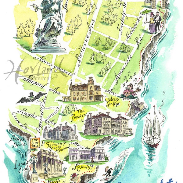 Rhode Island Illustrated Map - Etsy Rhode Island Illustrated Map - Etsy