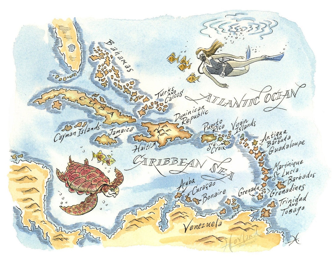 Map Print of the Caribbean, Fine Art Print of Caribbean, Caribbean Sea ...