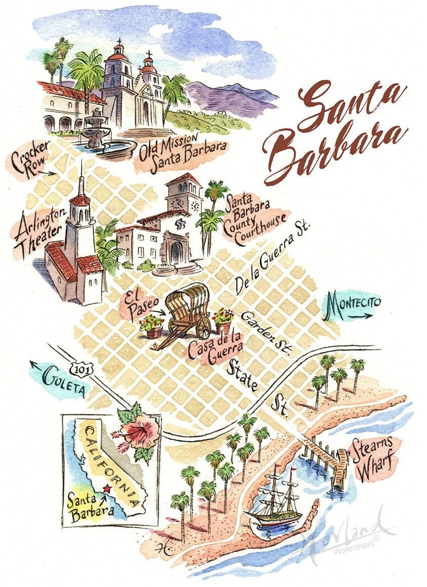 Santa Barbara Map Print, Santa Barbara California, Giclée Print, Fine ...