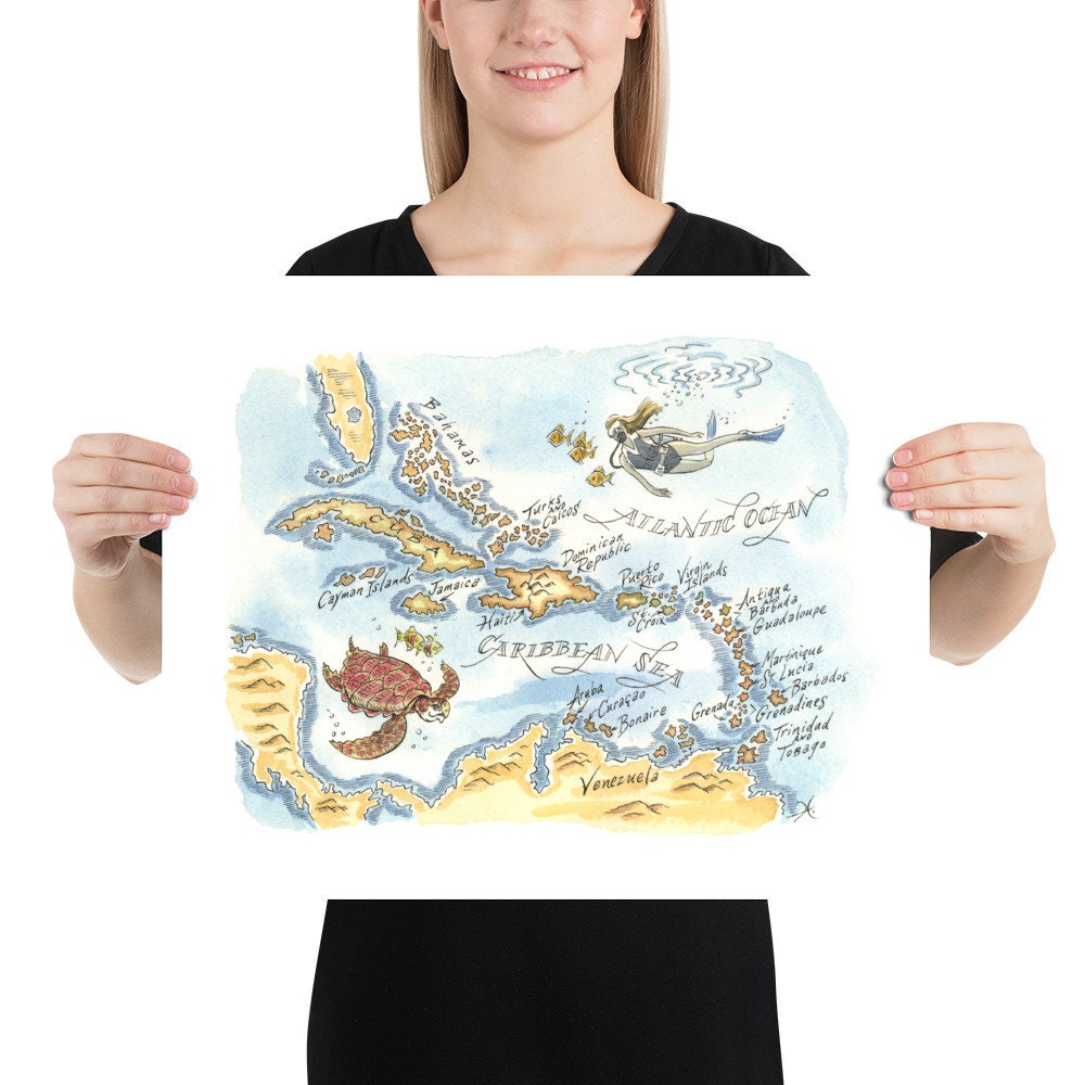 Map Print of the Caribbean, Fine Art Print of Caribbean, Caribbean Sea ...