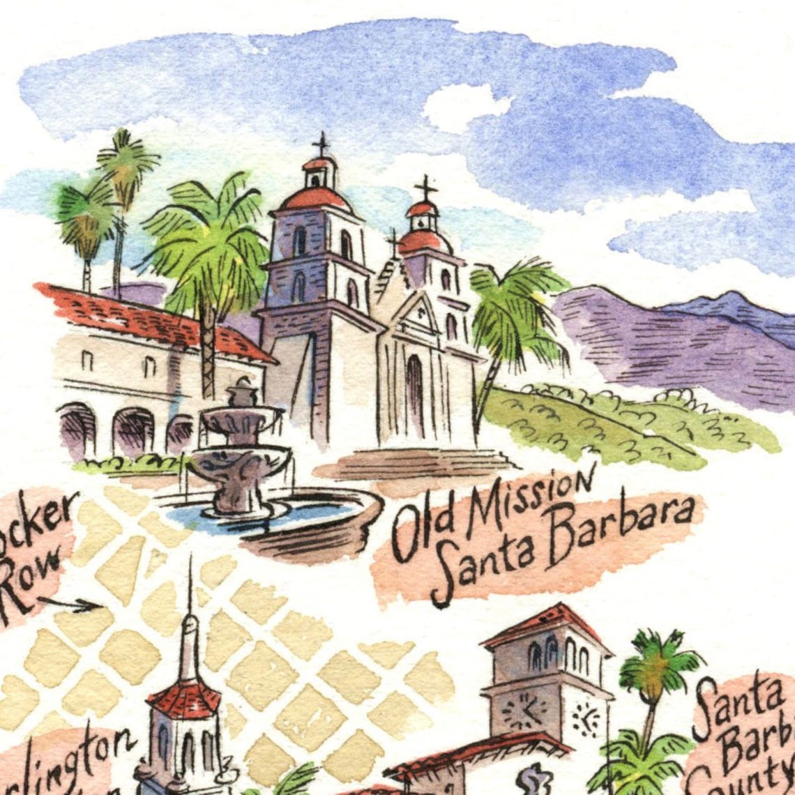 Santa Barbara Map Print, Santa Barbara California, Giclée Print, Fine ...