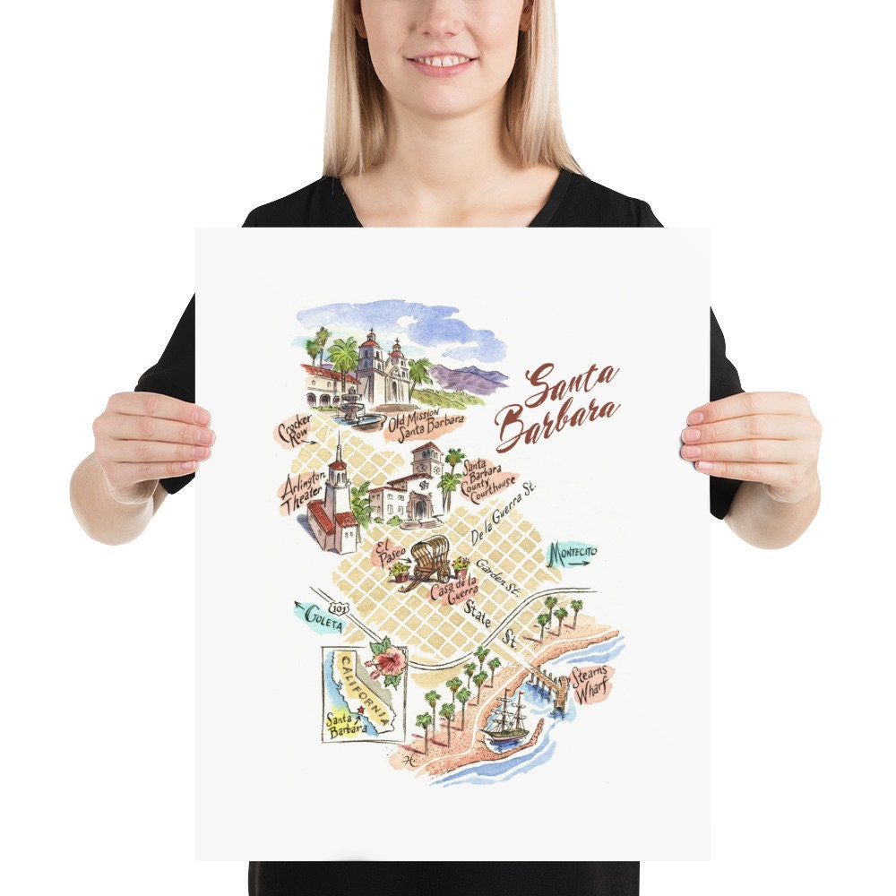 Santa Barbara Map Print, Santa Barbara California, Giclée Print, Fine ...