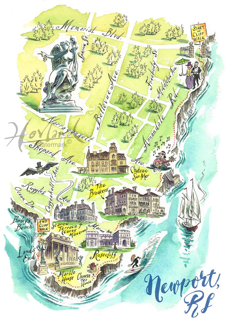 Newport Rhode Island Print, Map of Newport Rhode Island, Illustrated ...